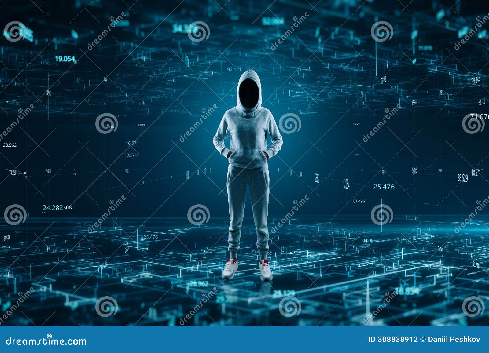 An Anonymous Hacker Stands Centered, Surrounded by a Complex Digital Interface with Glowing ...