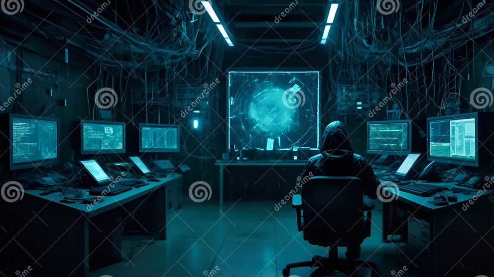 Anonymous Hacker Surrounded by a Web of Wires in High-tech Underground ...