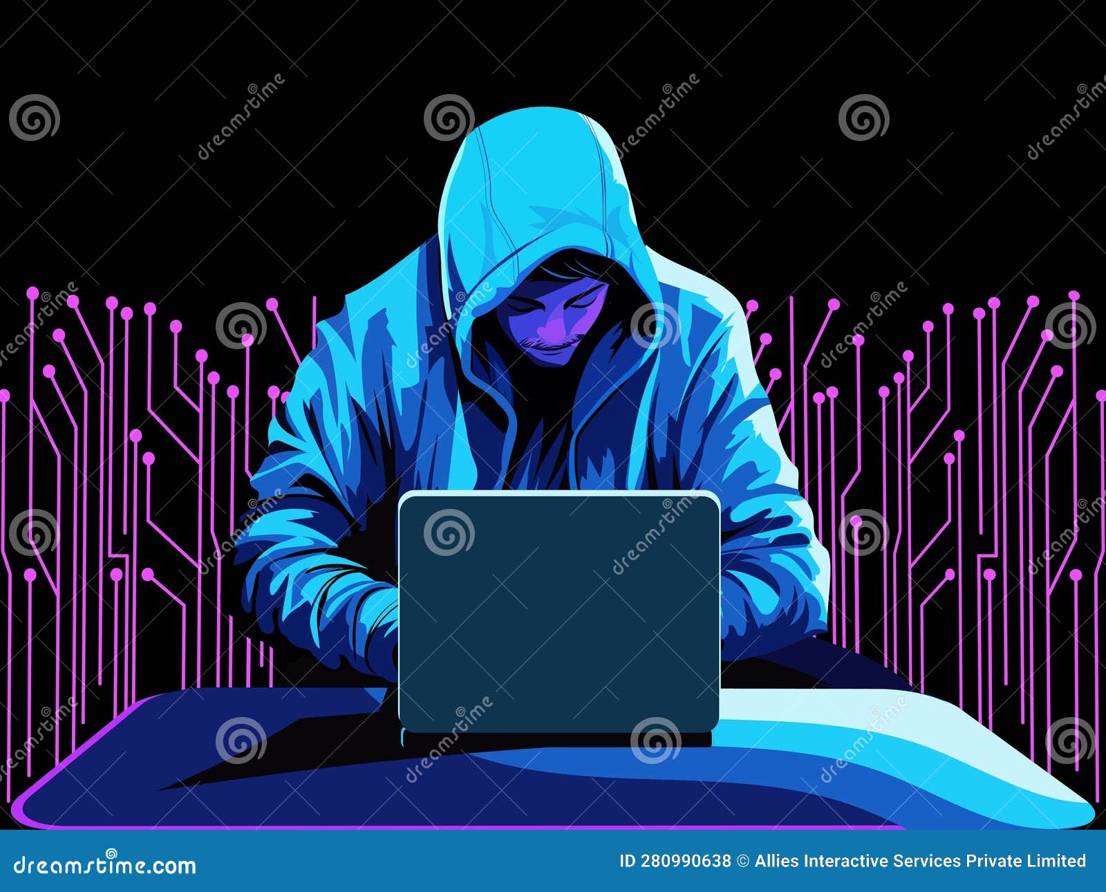 Anonymous Hacker Using Laptop at Desk on Technology Stock Illustration ...