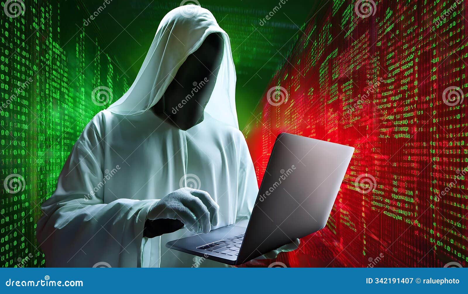 Anonymous Hacker in White Robe Uses Laptop Amidst a Digital Code Storm ...