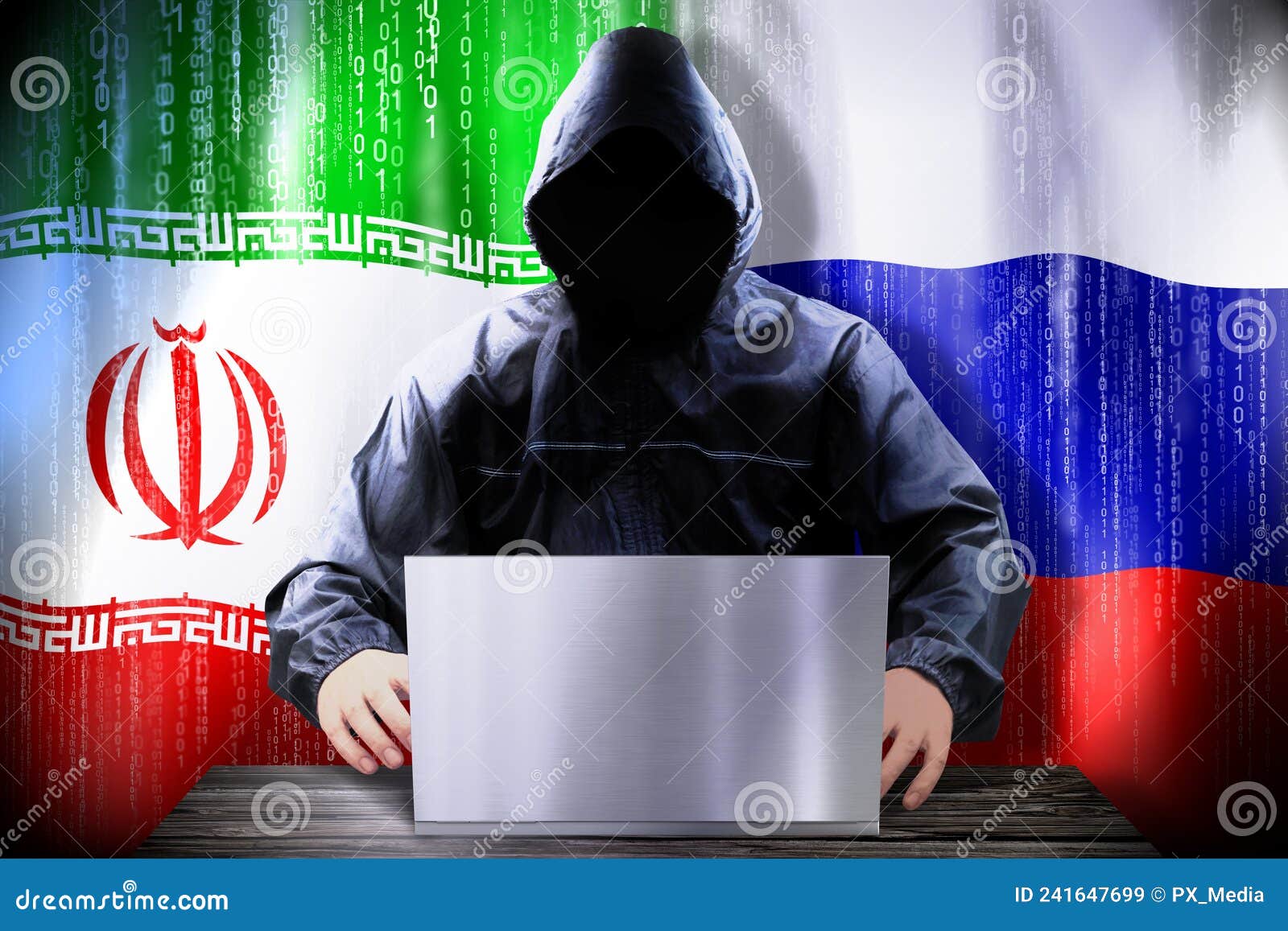 Anonymous Hacker Working on a Laptop, Flags of Iran and Russia Stock ...