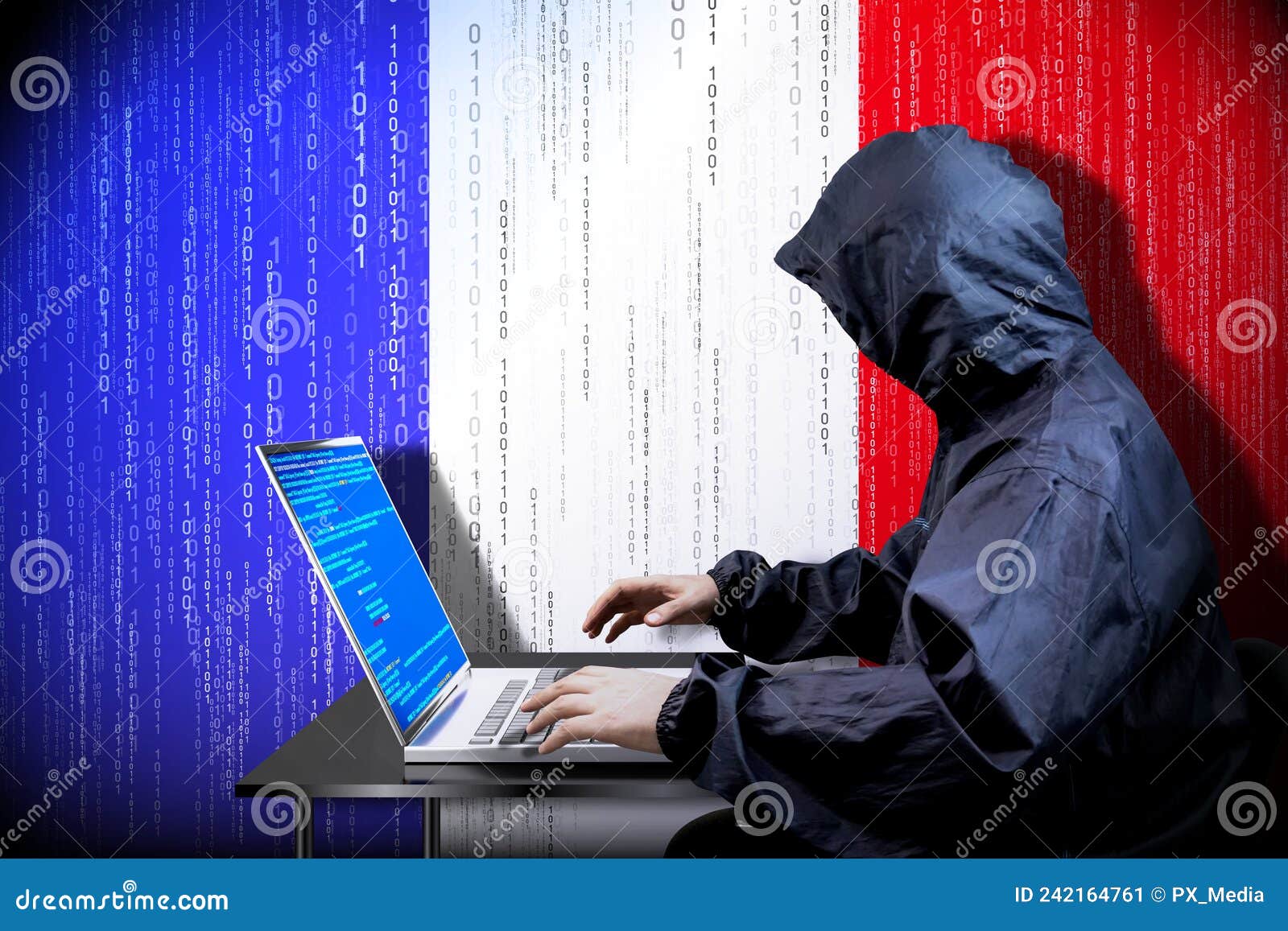 Anonymous Hooded Hacker, Flag of France, Binary Code - Cyber Attack ...