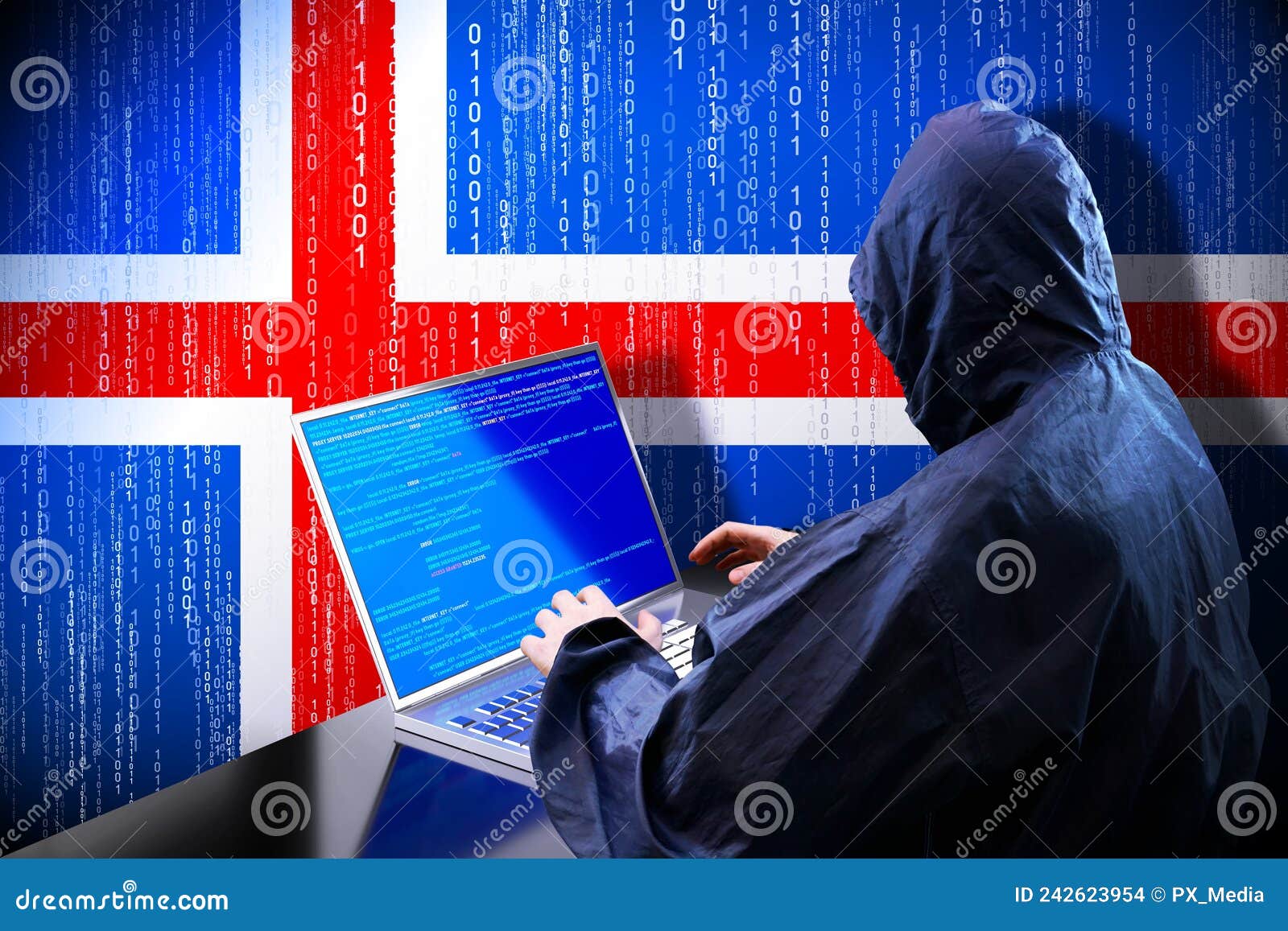Anonymous Hooded Hacker, Flag of Iceland, Binary Code - Cyber Attack ...