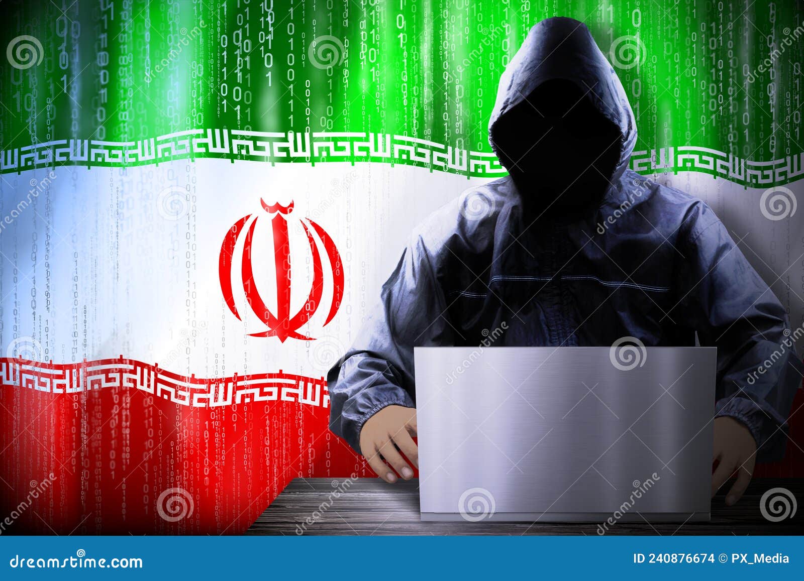 Anonymous Hooded Hacker, Flag of Iran, Binary Code - Cyber Attack ...