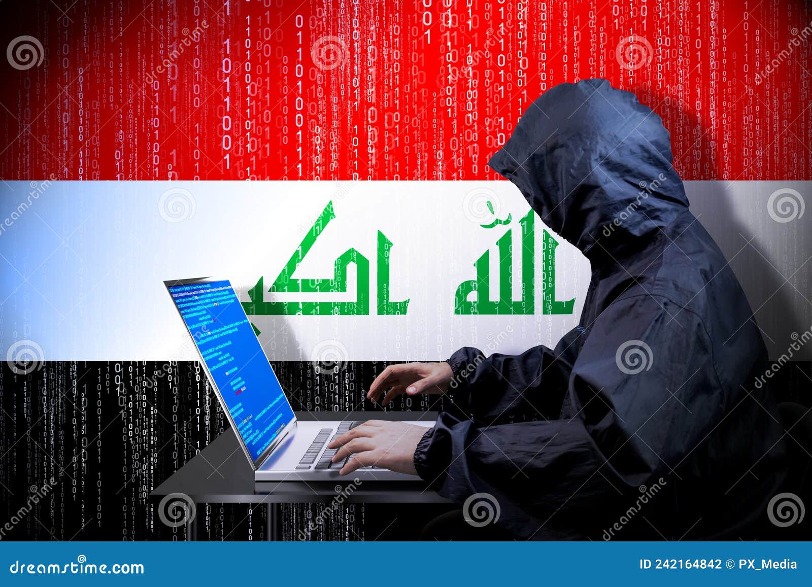 Anonymous Hooded Hacker, Flag of Iraq, Binary Code - Cyber Attack ...