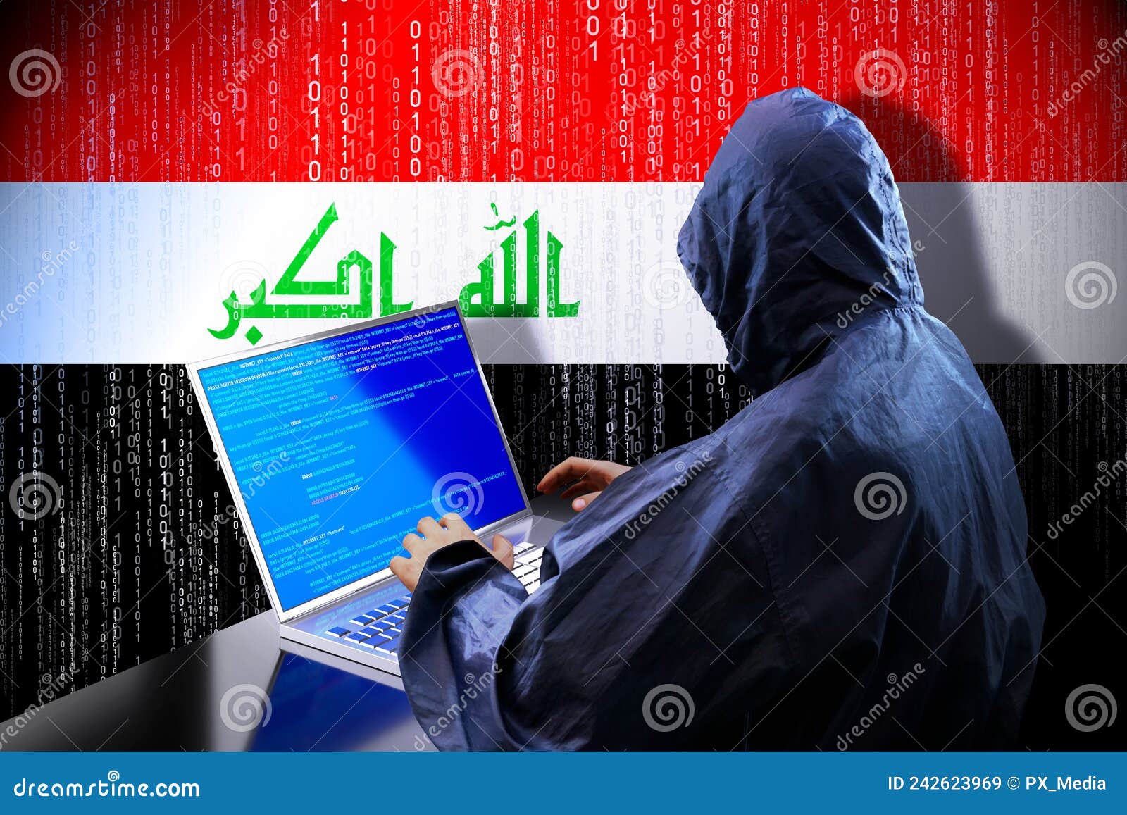Anonymous Hooded Hacker, Flag of Iraq, Binary Code - Cyber Attack ...