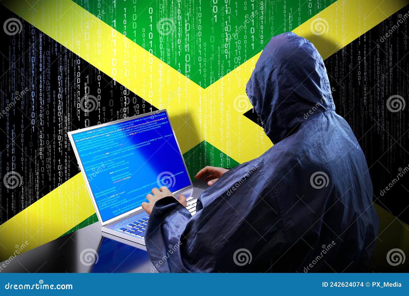 Anonymous Hooded Hacker, Flag of Jamaica, Binary Code - Cyber Attack ...