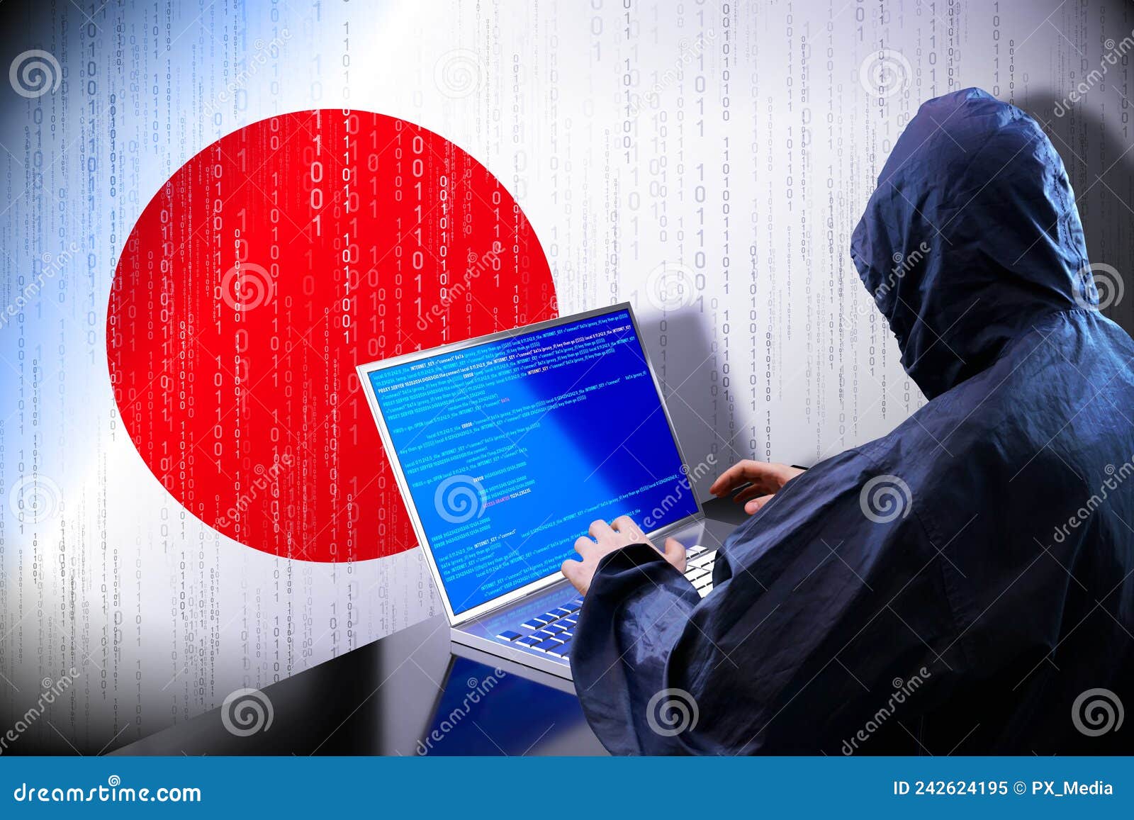 Anonymous Hooded Hacker, Flag of Japan, Binary Code - Cyber Attack ...