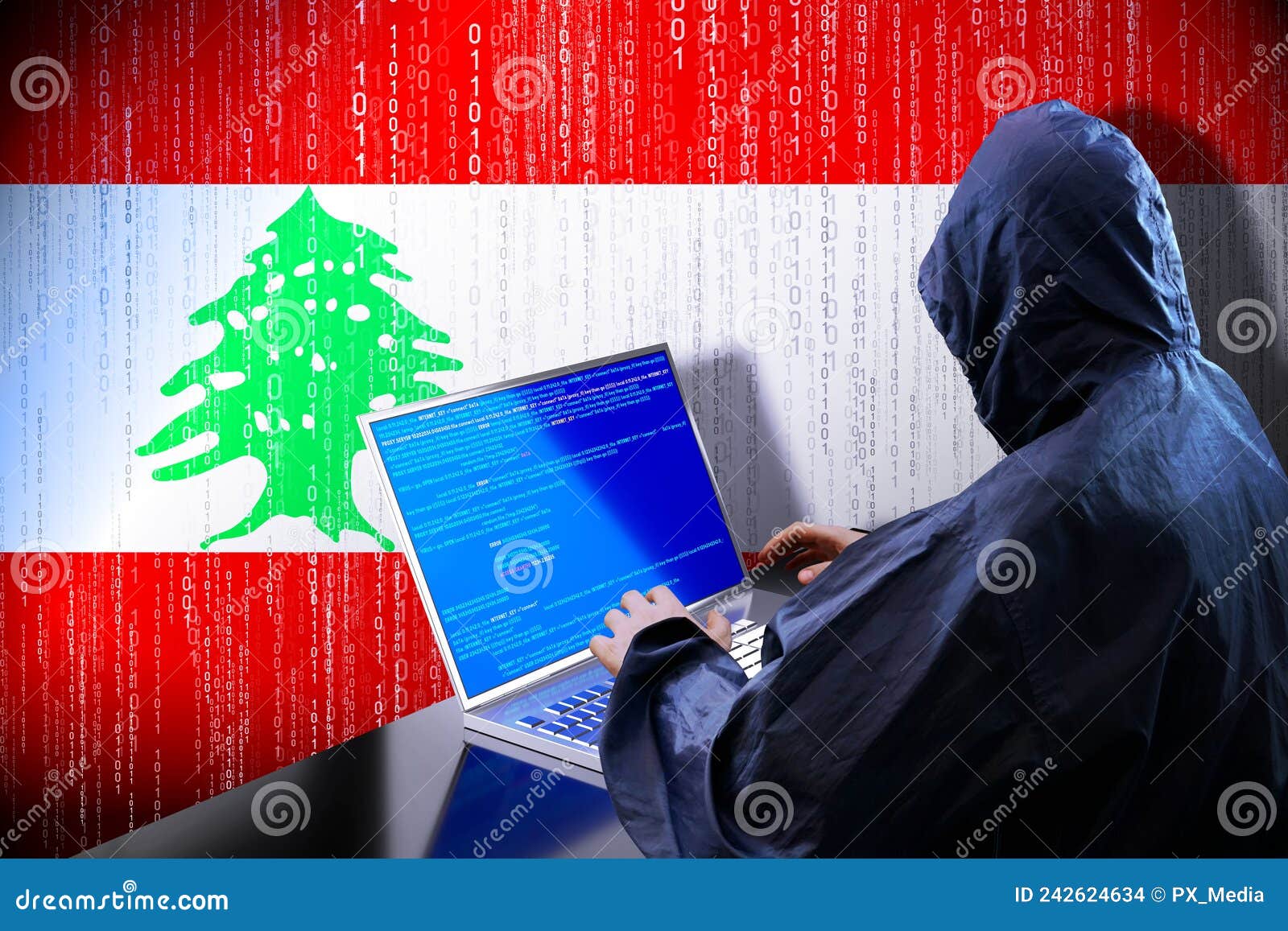 Anonymous Hooded Hacker, Flag of Lebanon, Binary Code - Cyber Attack ...