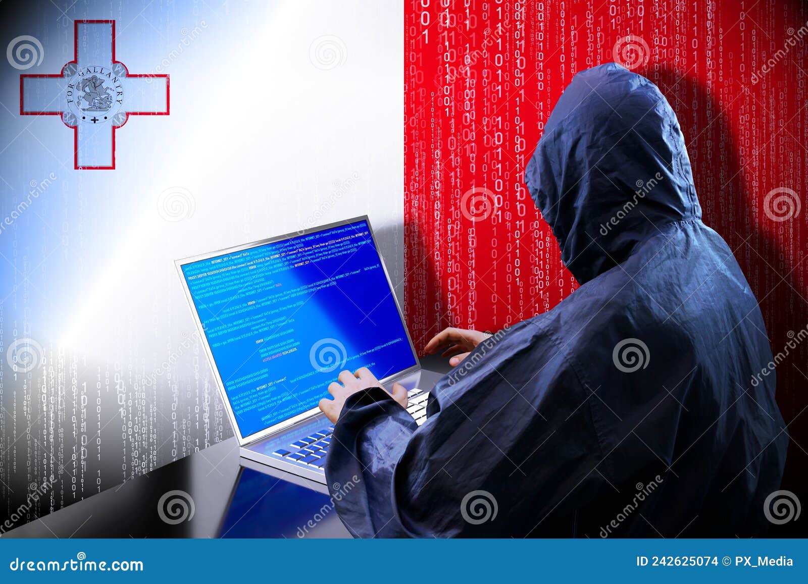 Anonymous Hooded Hacker, Flag of Malta, Binary Code - Cyber Attack ...