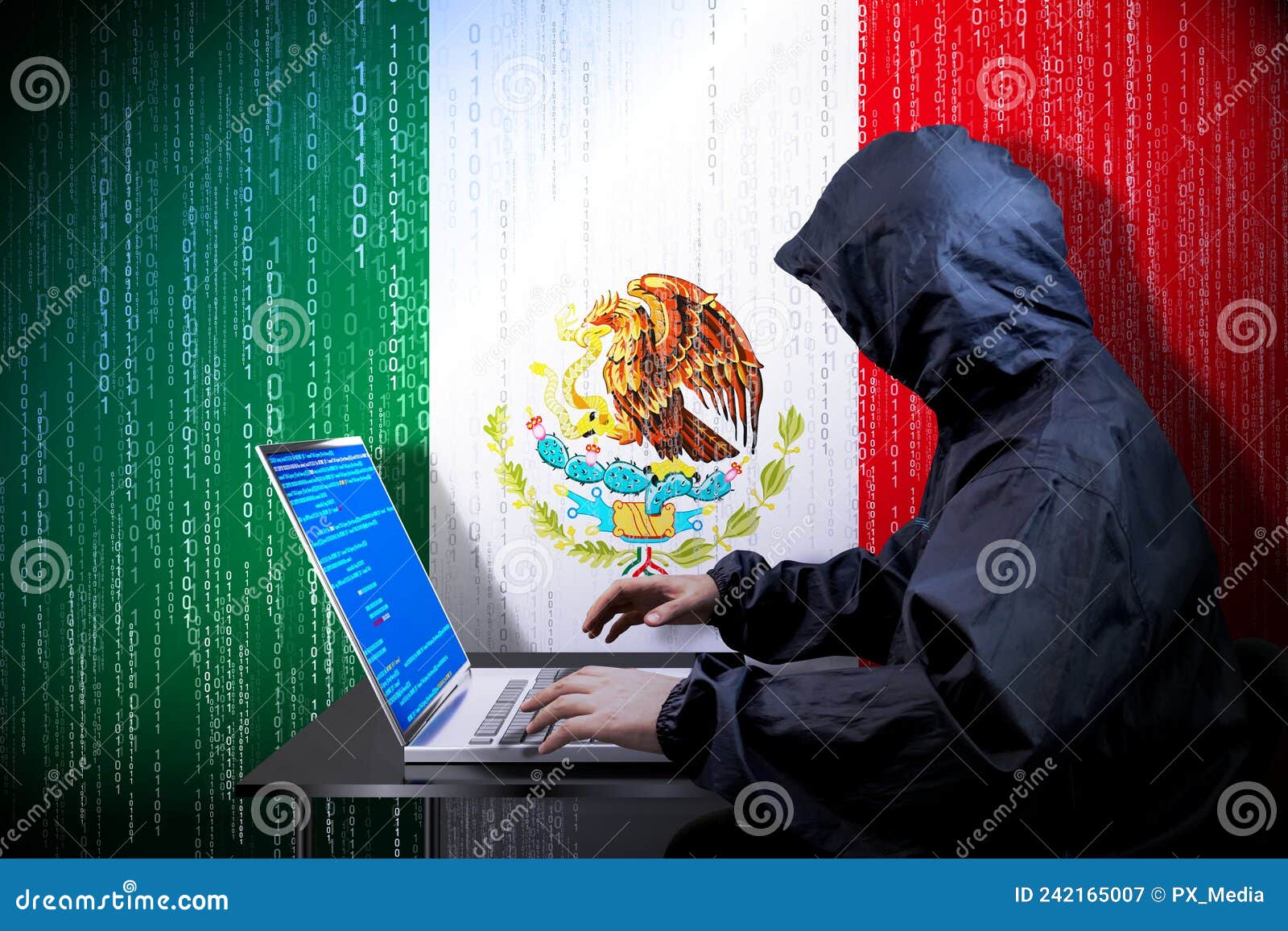 Anonymous Hooded Hacker, Flag of Mexico, Binary Code - Cyber Attack ...