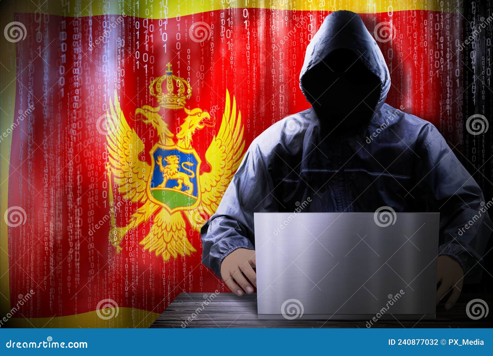 Anonymous Hooded Hacker, Flag of Montenegro, Binary Code - Cyber Attack ...