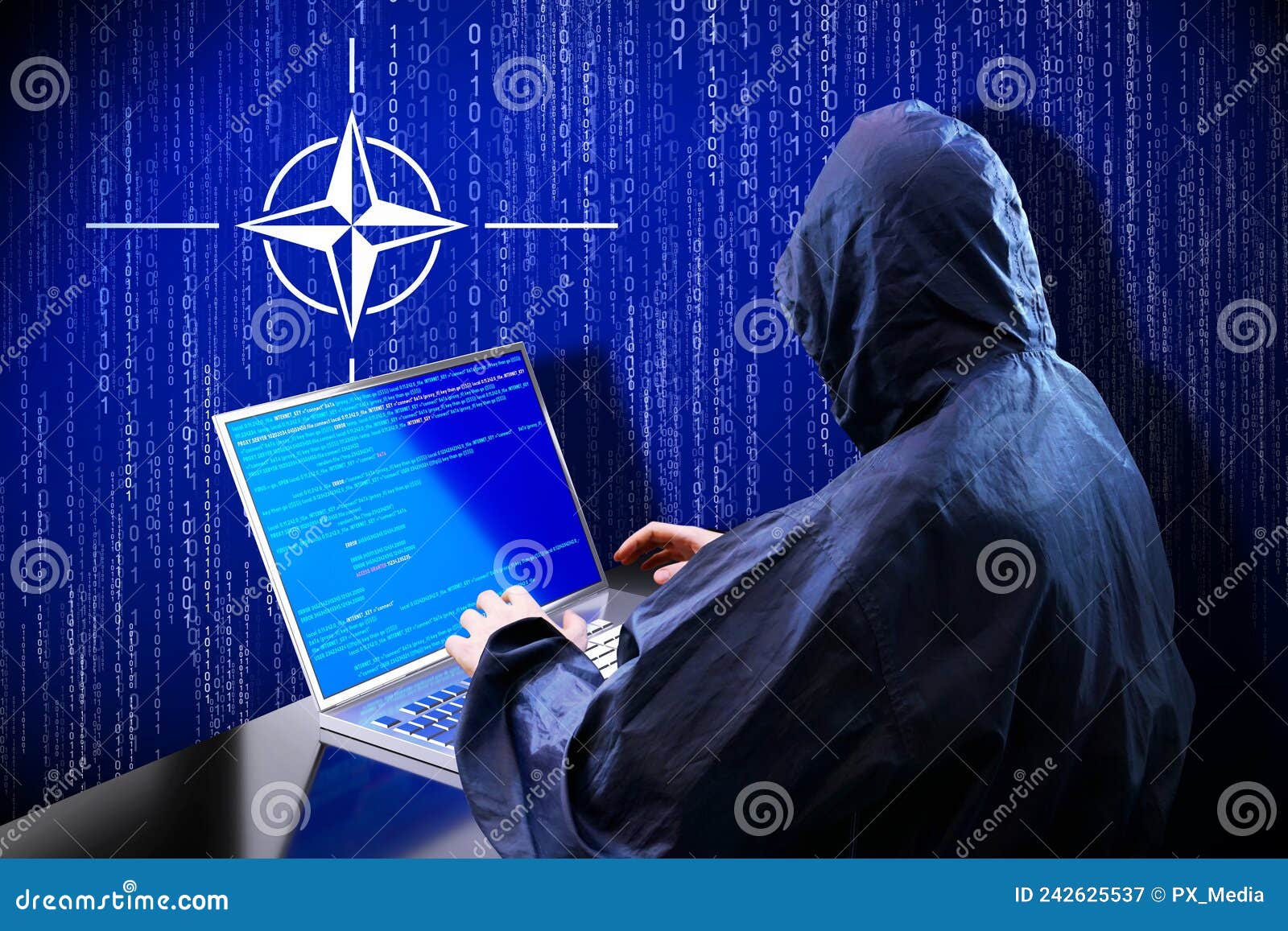 Anonymous Hooded Hacker, Flag of NATO, Binary Code - Cyber Attack ...