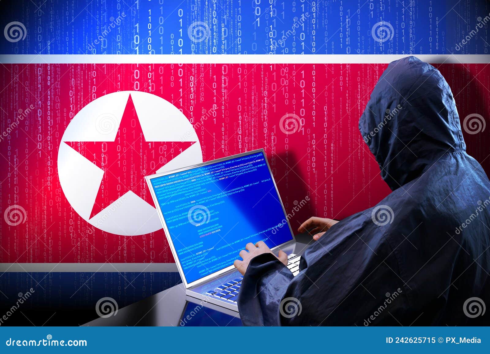 Anonymous Hooded Hacker, Flag of North Korea, Binary Code - Cyber ...