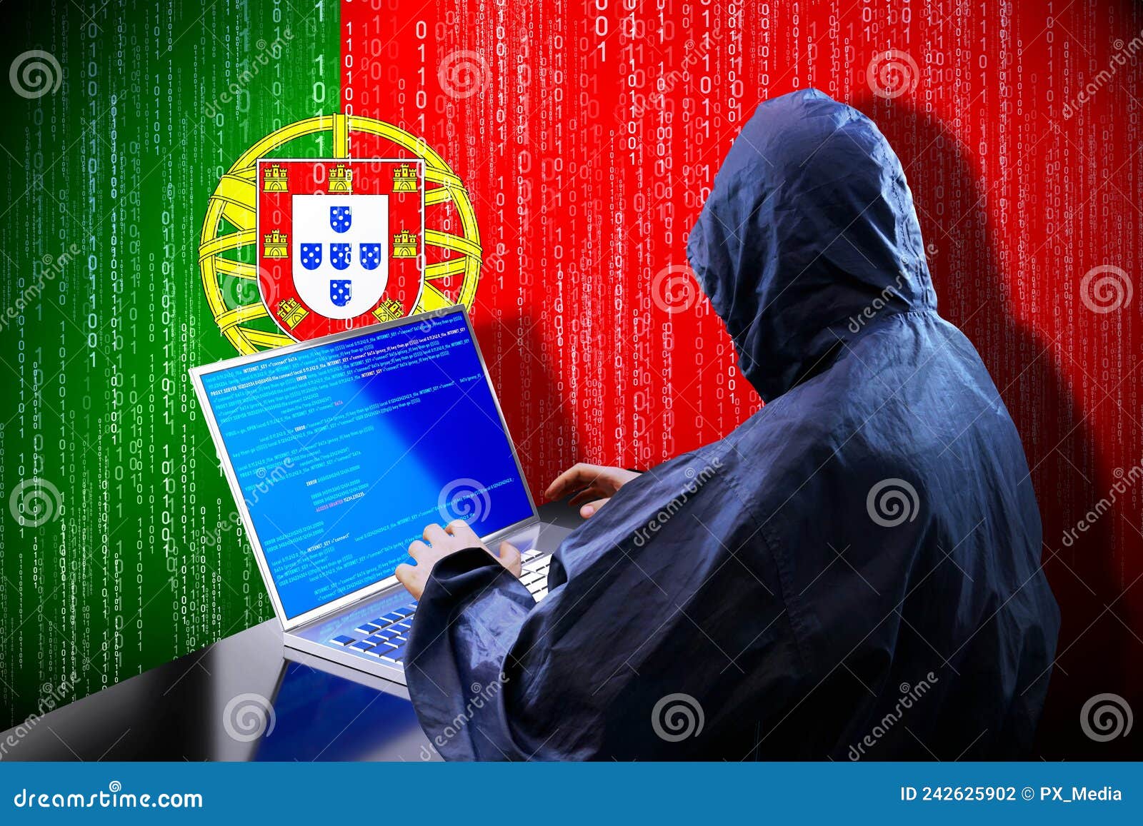 Anonymous Hooded Hacker, Flag of Portugal, Binary Code - Cyber Attack ...