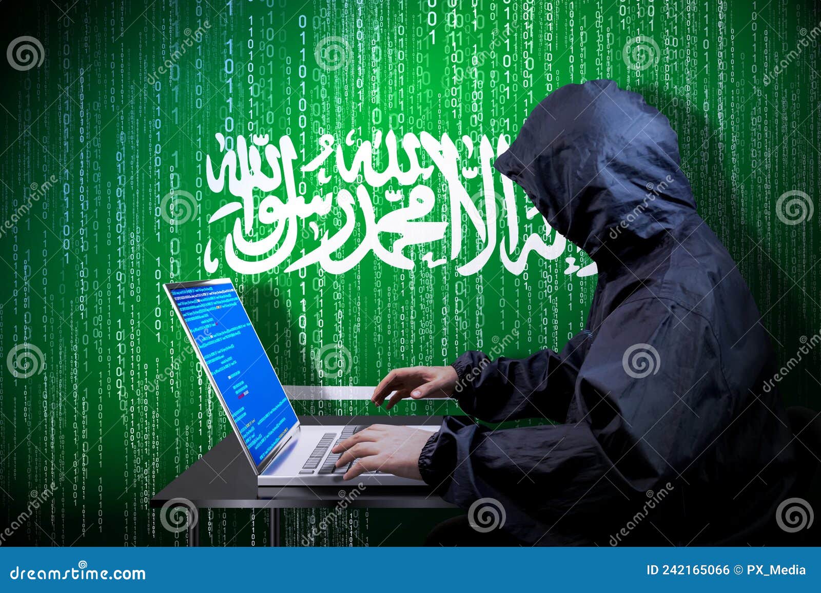 Anonymous Hooded Hacker, Flag of Saudi Arabia, Binary Code - Cyber ...