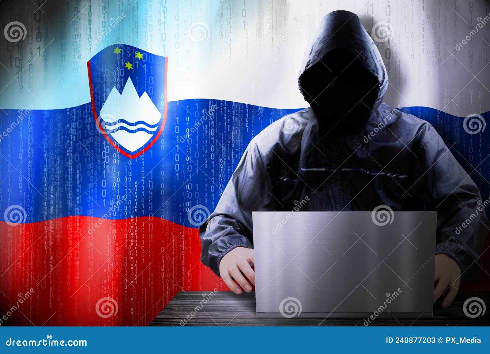 Anonymous Hooded Hacker, Flag of Slovenia, Binary Code - Cyber Attack Concept Stock Image ...