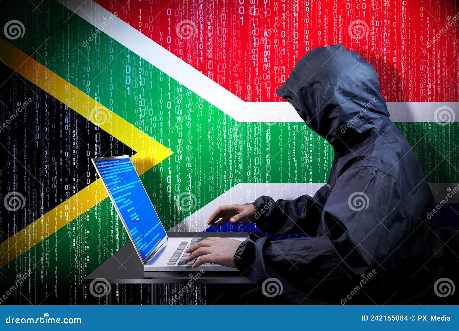 Anonymous Hooded Hacker, Flag of South Africa, Binary Code - Cyber ...