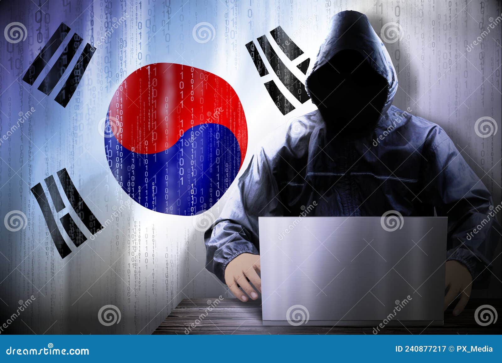 Anonymous Hooded Hacker, Flag of South Korea, Binary Code - Cyber ...