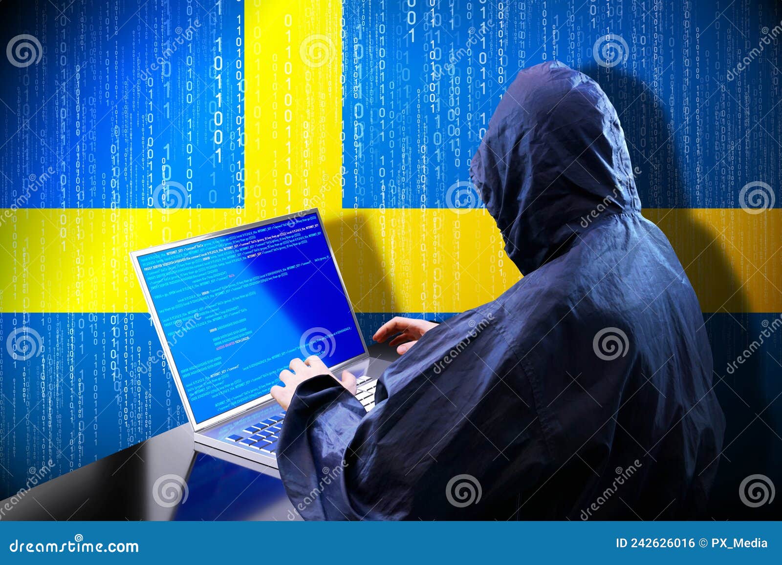 Anonymous Hooded Hacker, Flag of Sweden, Binary Code - Cyber Attack ...