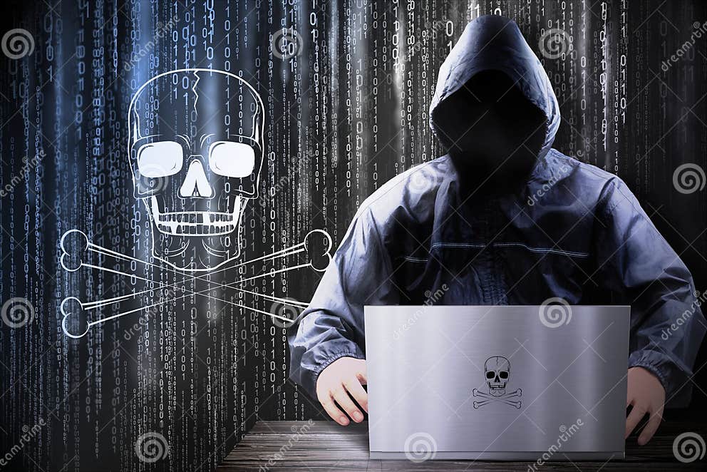 Anonymous Hooded Hacker, Pirate Skulls, Binary Code - Cyber Attack ...