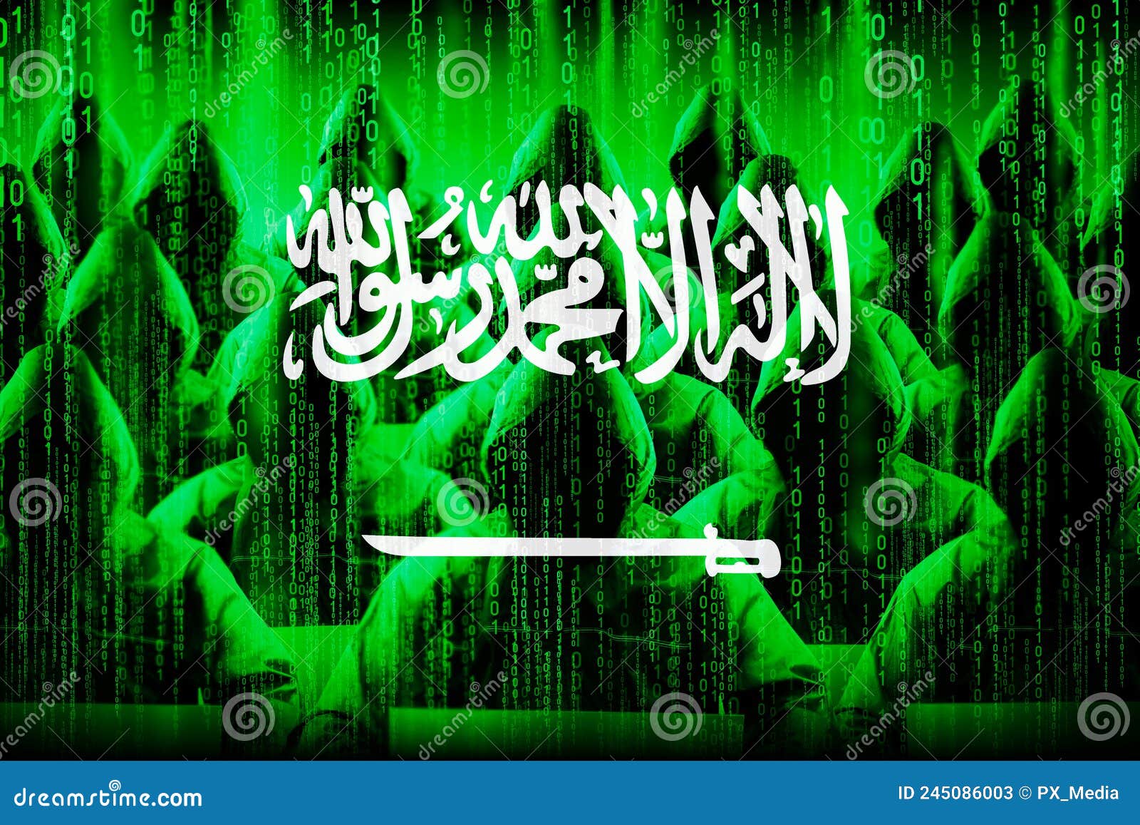 Anonymous Hooded Hackers, Flag of Saudi Arabia, Binary Code - Cyber ...