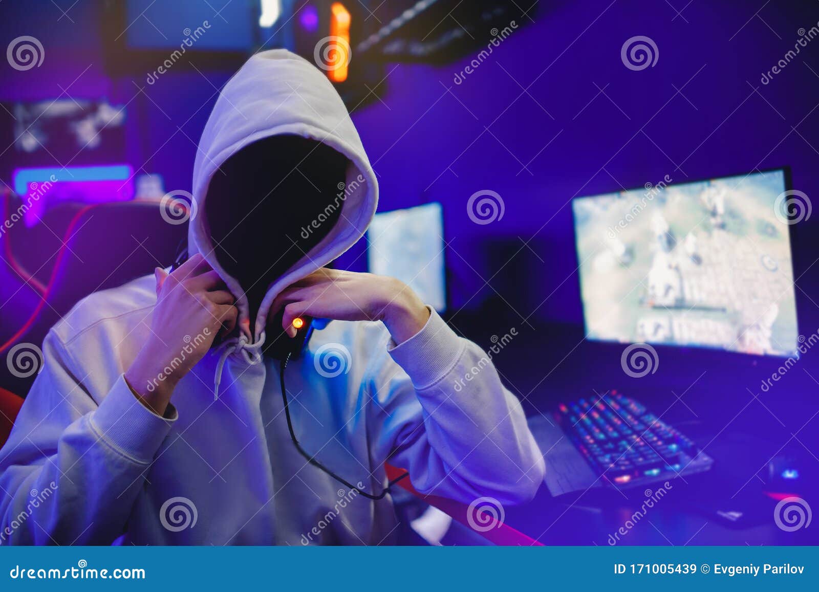 Anonymous Man in Black Hood Hacker is Sitting Computer. Cyber Space ...