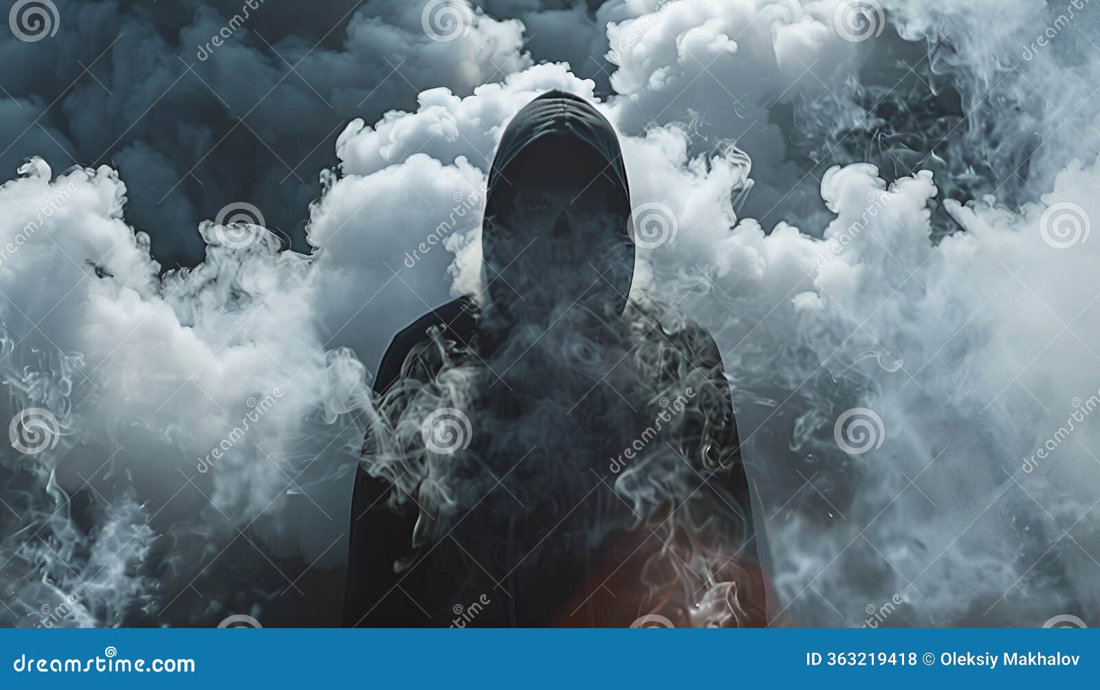 Anonymous Man in Hood Surrounded by Smoke on Black Background. Banner ...
