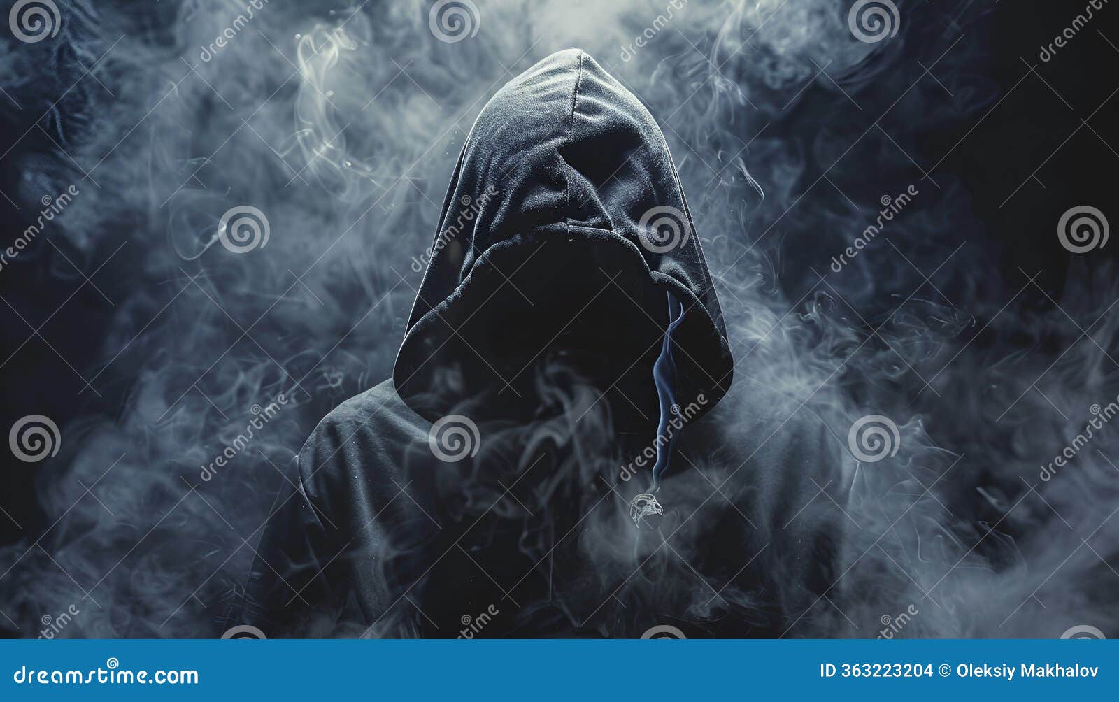 Anonymous Man in Hood Surrounded by Smoke on Black Background. Banner ...