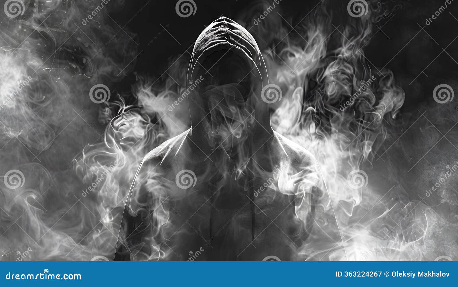 Anonymous Man in Hood Surrounded by Smoke on Black Background. Banner ...