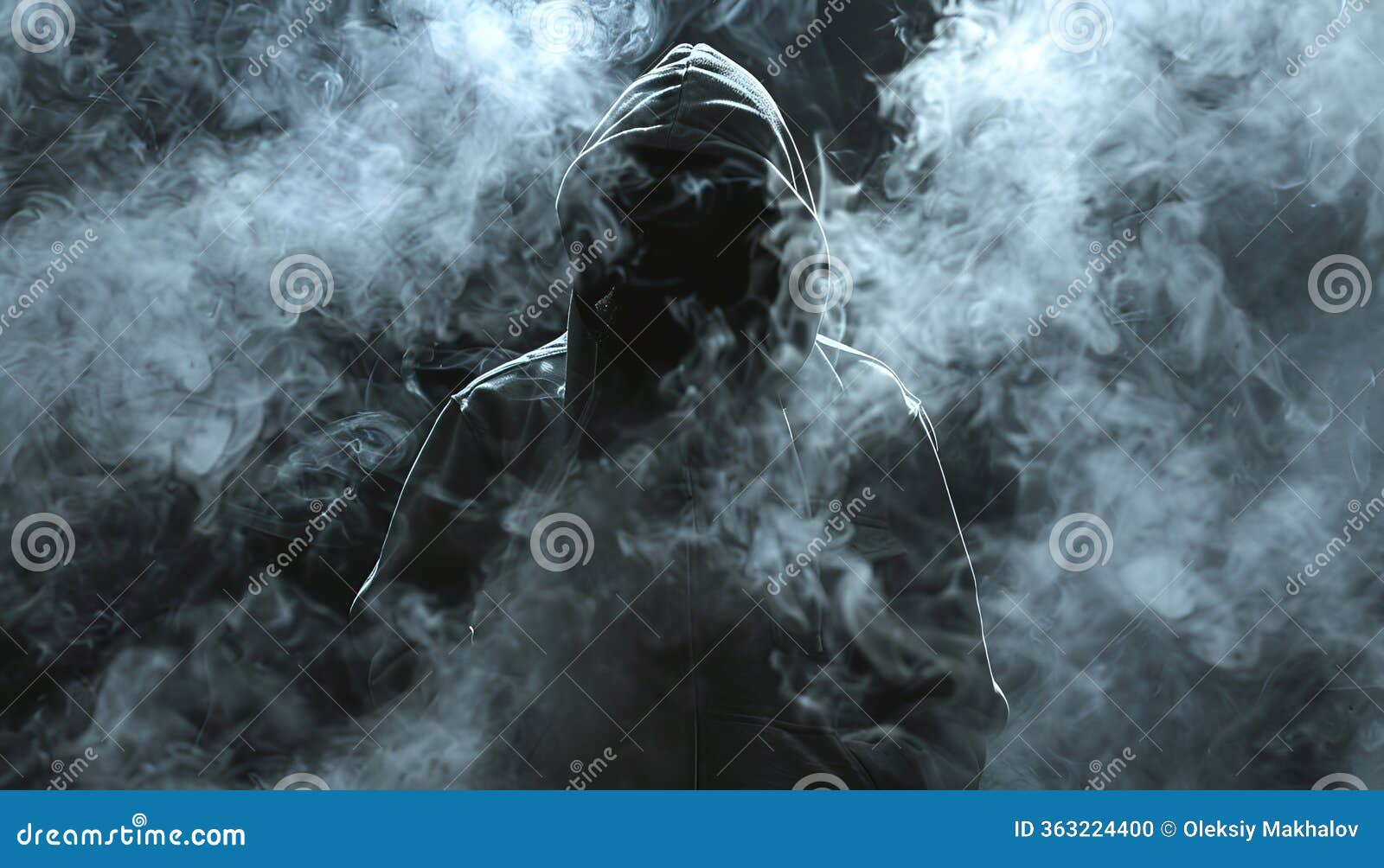 Anonymous Man in Hood Surrounded by Smoke on Black Background. Banner ...