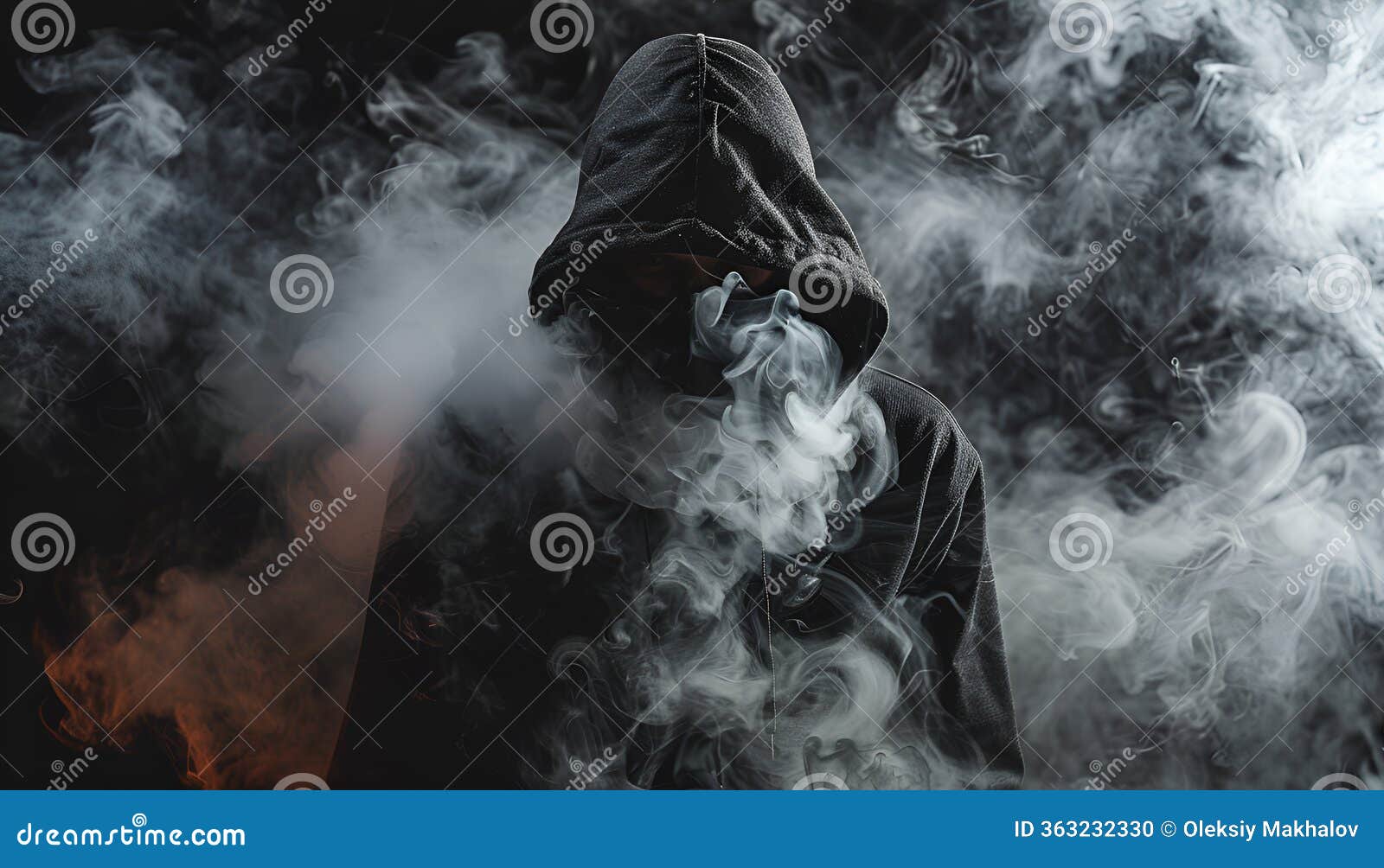 Anonymous Man in Hood Surrounded by Smoke on Black Background. Banner ...