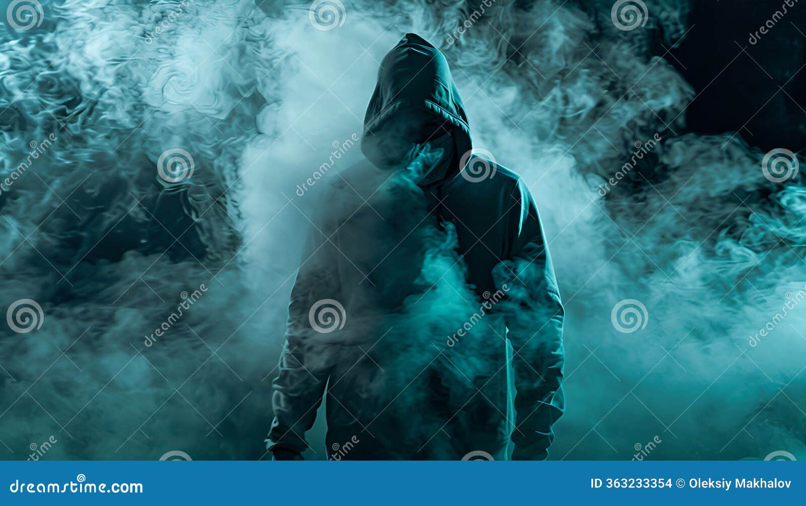 Anonymous Man in Hood Surrounded by Smoke on Black Background. Banner ...