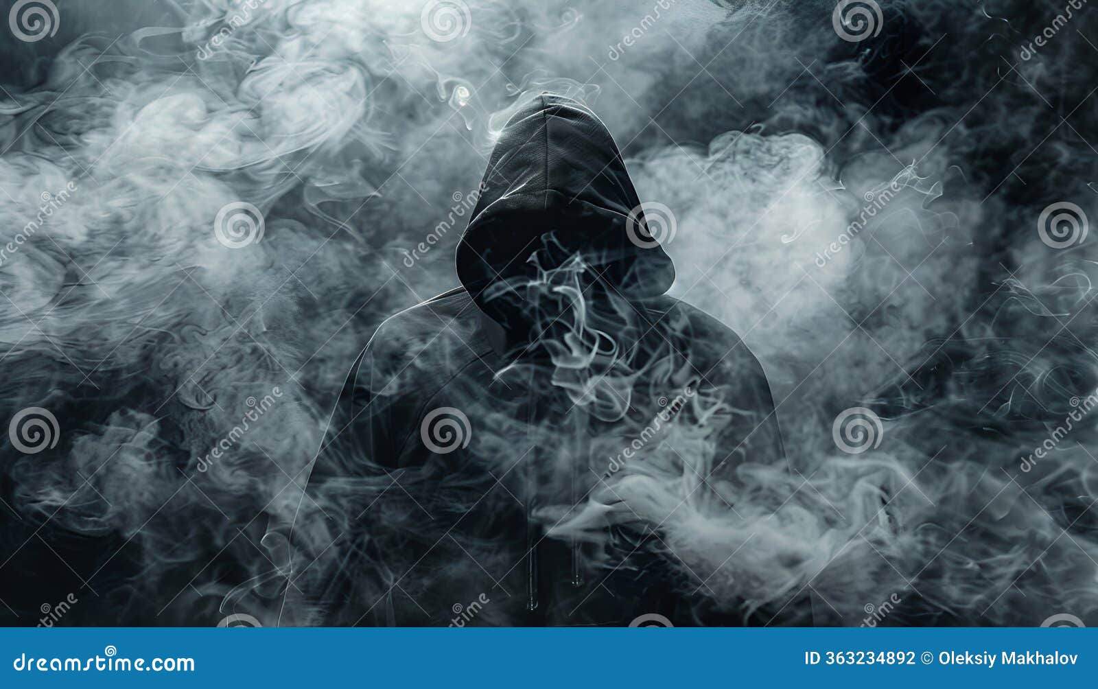 Anonymous Man in Hood Surrounded by Smoke on Black Background. Banner ...
