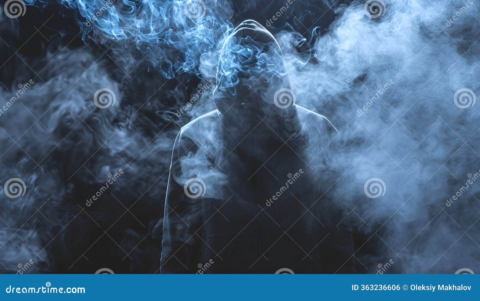 Anonymous Man in Hood Surrounded by Smoke on Black Background. Banner ...
