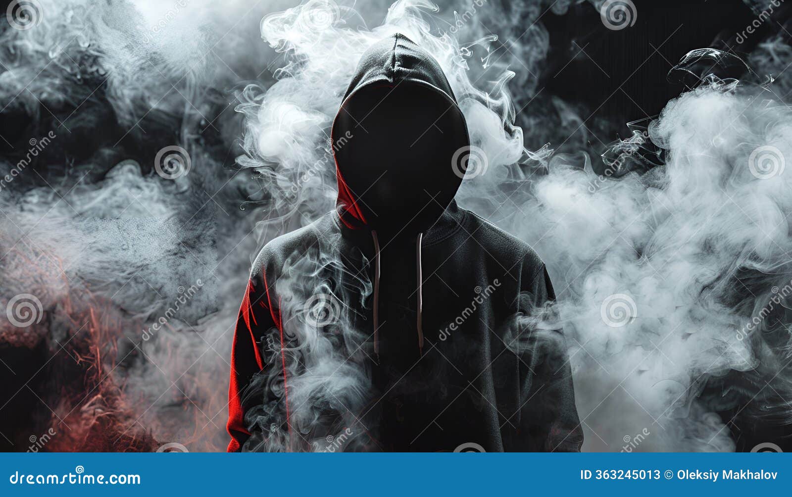 Anonymous Man in Hood Surrounded by Smoke on Black Background. Banner ...