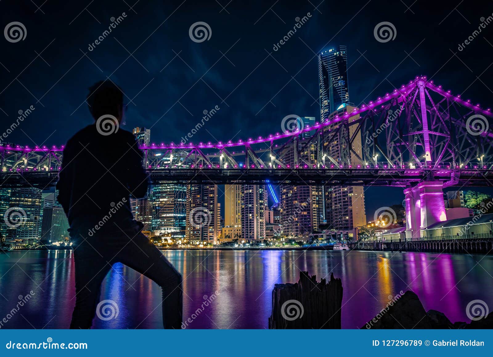 Anonymous Man Looking at Bridge and Metropolis at Night Editorial Stock ...