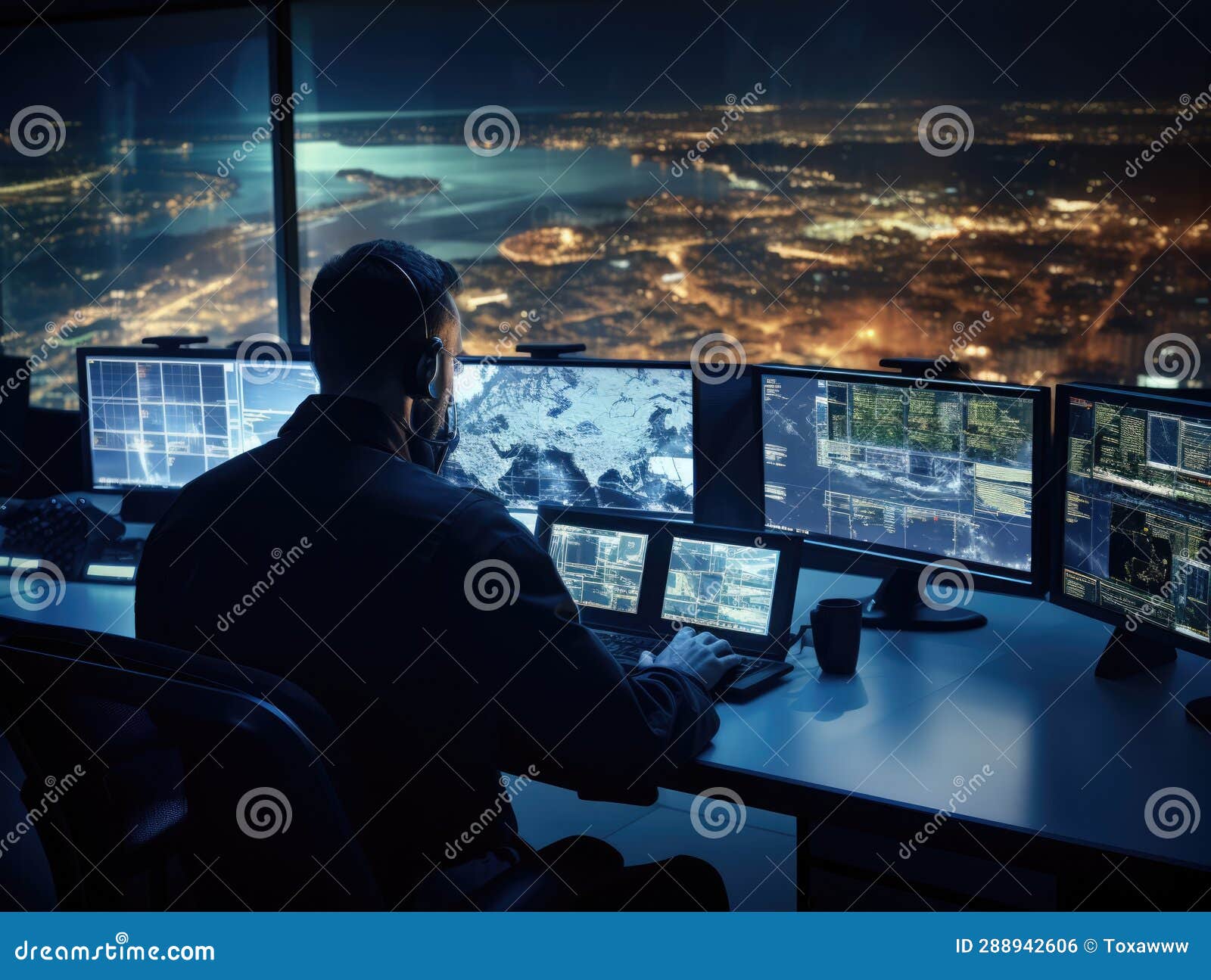 Anonymous Man Sitting Near Multiple Computer Screen Stock Illustration ...