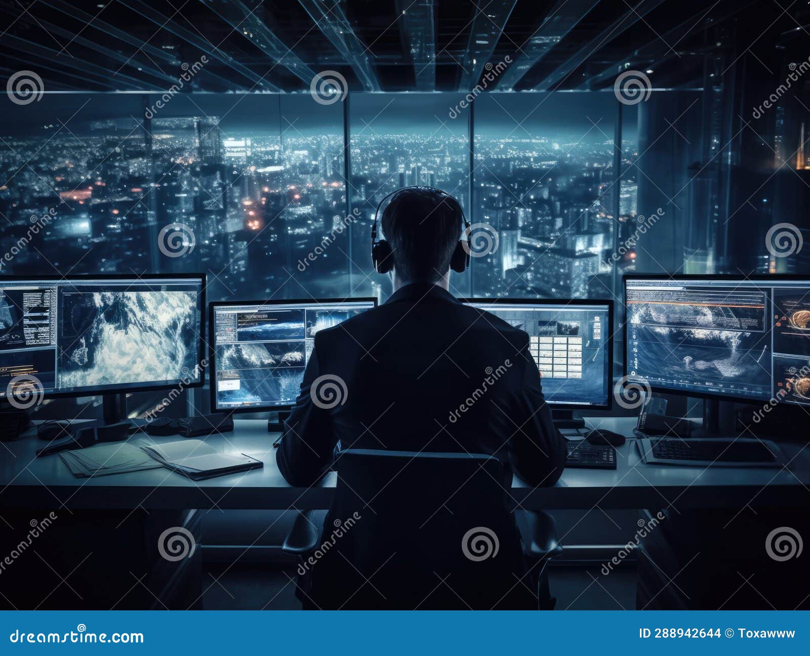 Anonymous Man Sitting Near Multiple Computer Screen Stock Photo - Image ...