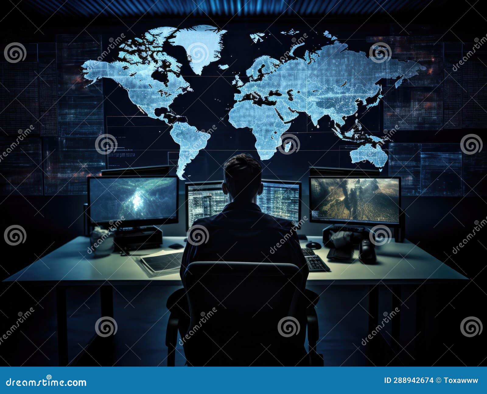 Anonymous Man Sitting Near Multiple Computer Screen Stock Photo - Image ...