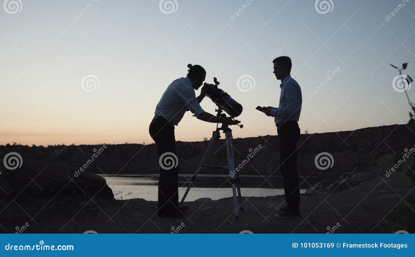 Men Exploring Space with Telescope Stock Image - Image of dark ...