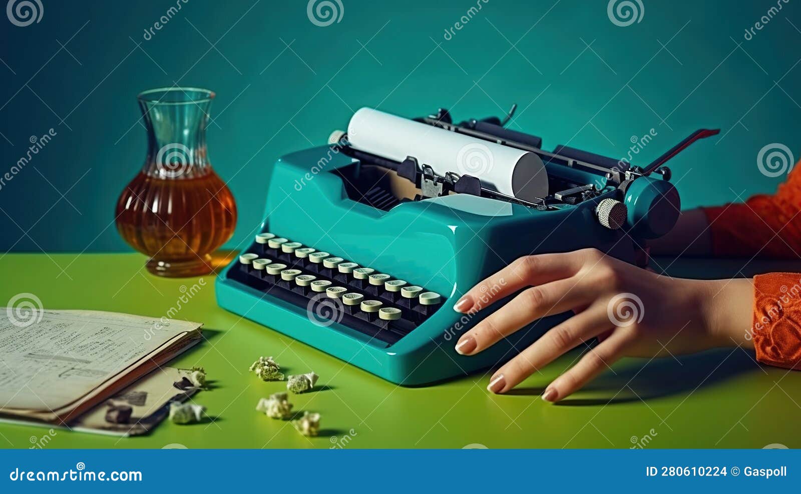 Anonymous Person At Table With Glass Of Wine And Old Typewriter ...