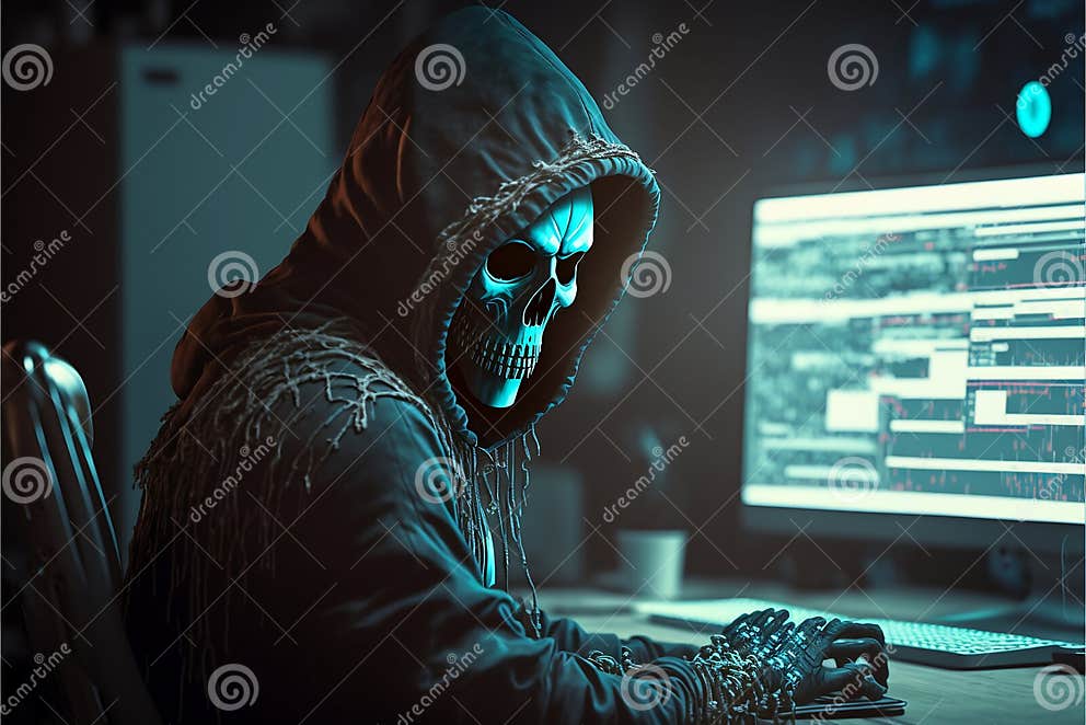 Anonymous Skeleton Hacker with Hood Sitting Next To Computer, AI Generative Stock Illustration ...