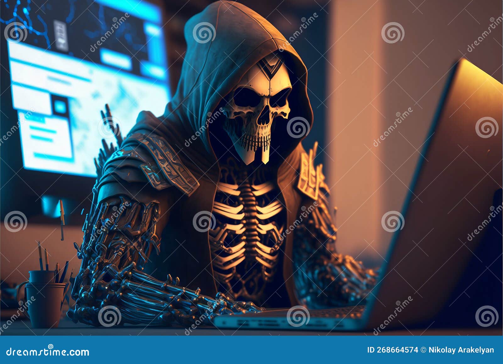 Anonymous Skeleton Hacker with Hood Sitting Next To Computer, AI ...