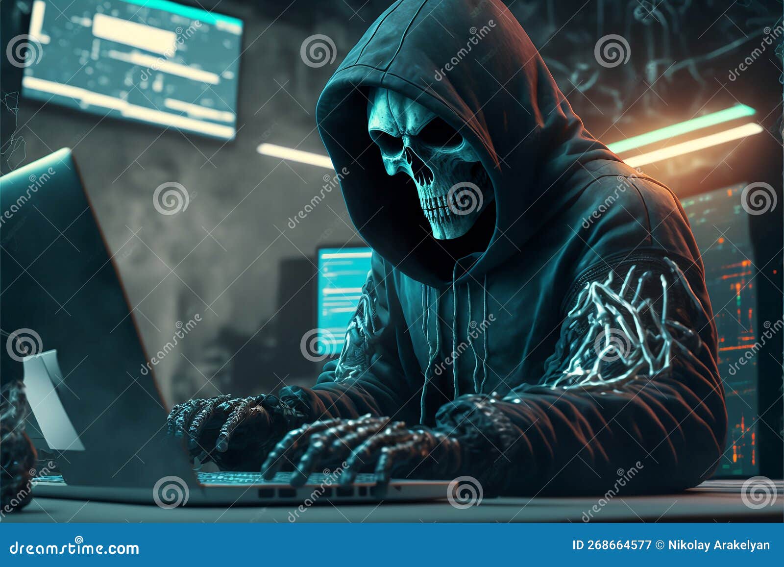 Anonymous Skeleton Hacker with Hood Sitting Next To Computer, AI ...