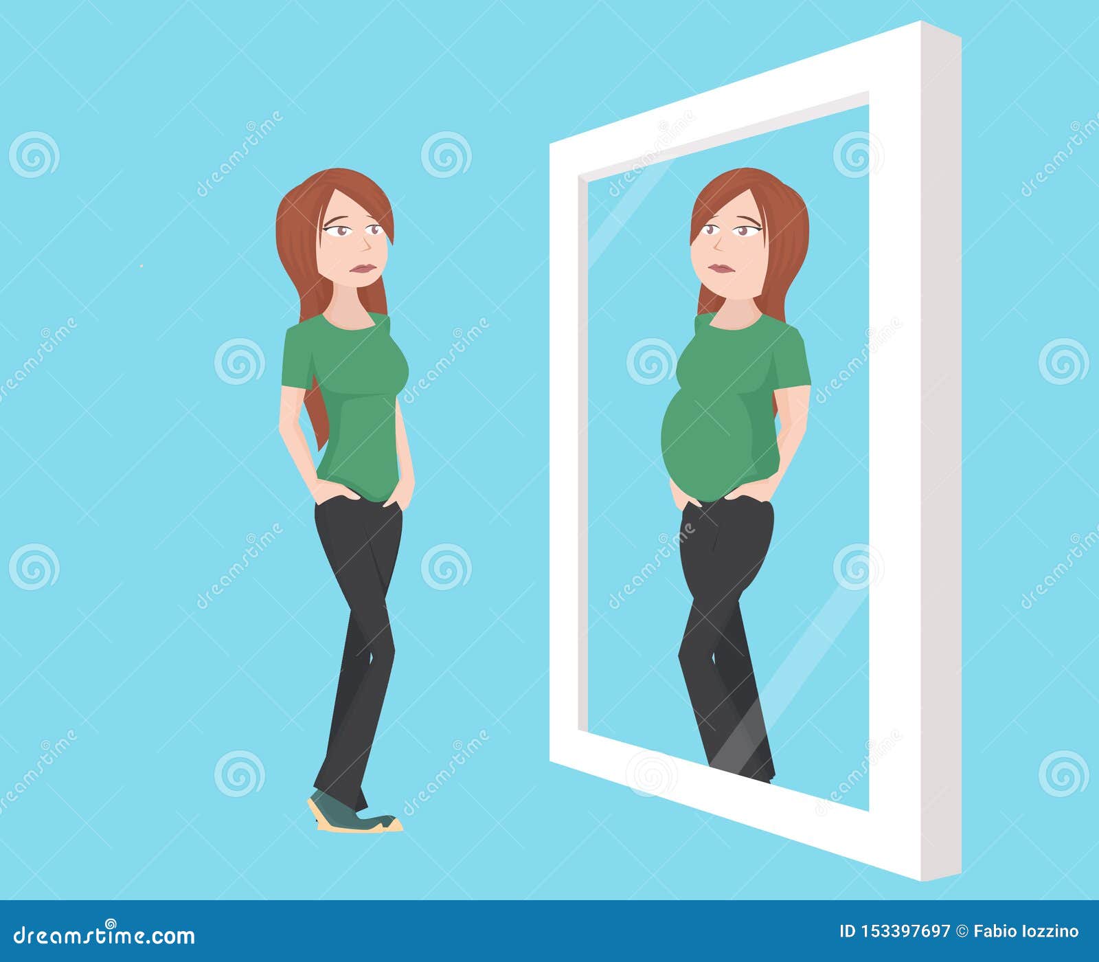 Anorexia Nervosa Concept Young Slim Woman Looks In The Mirror And Sees