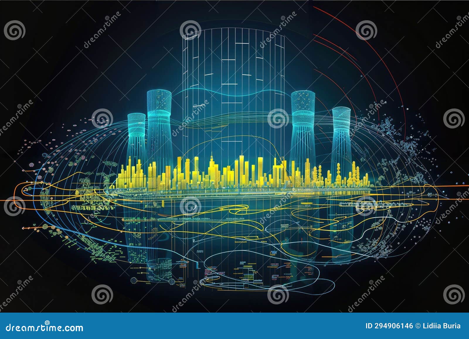 Abstract Background with City Buildings and Technology Elements. Vector ...