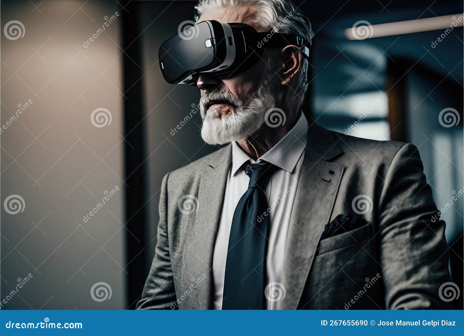 Another Reality is Here! Handsome Old Man in VR Headset. Generative AI ...