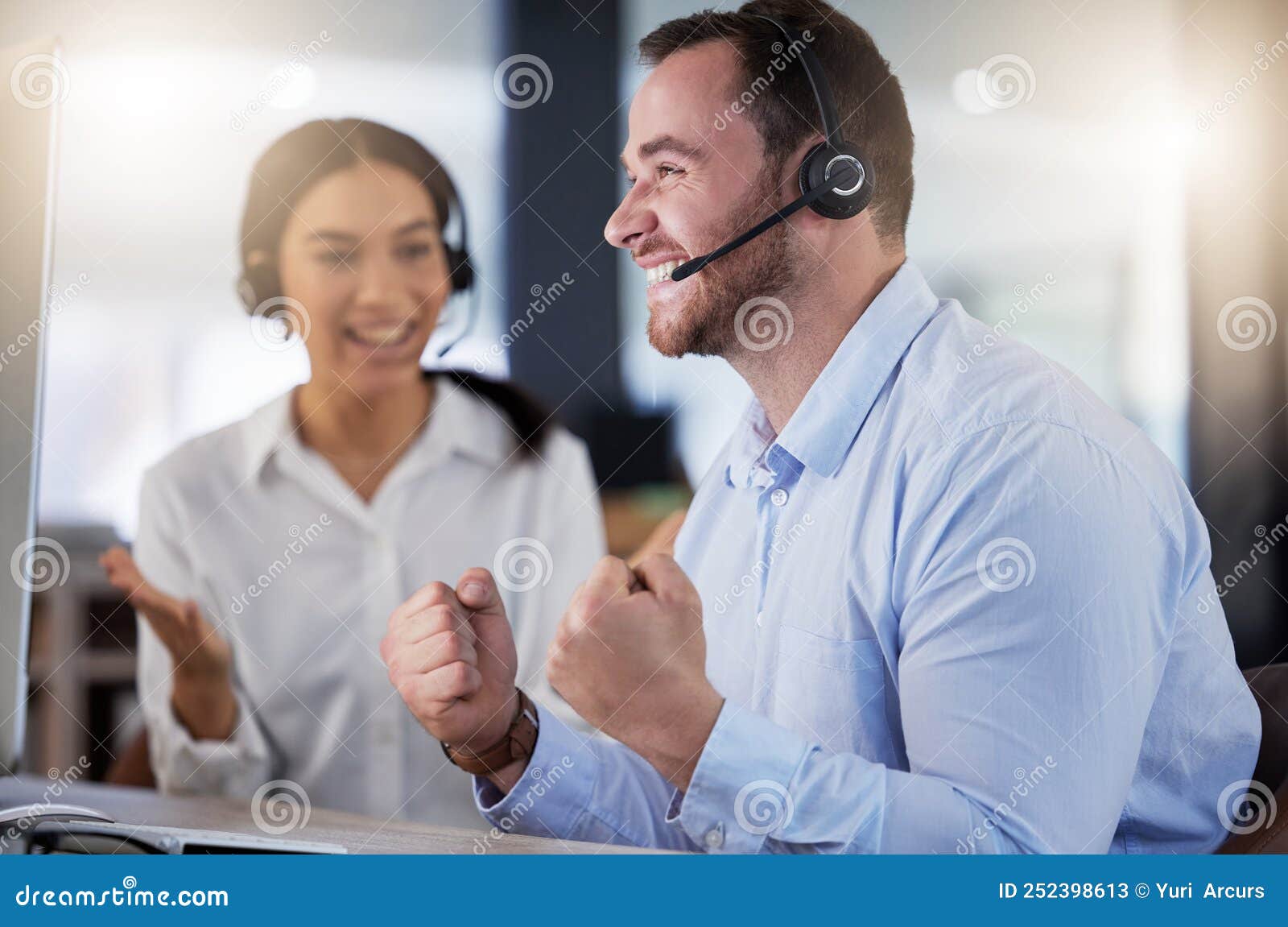 Another Target Exceeded with Ease. a Young Call Centre Agent Cheering ...