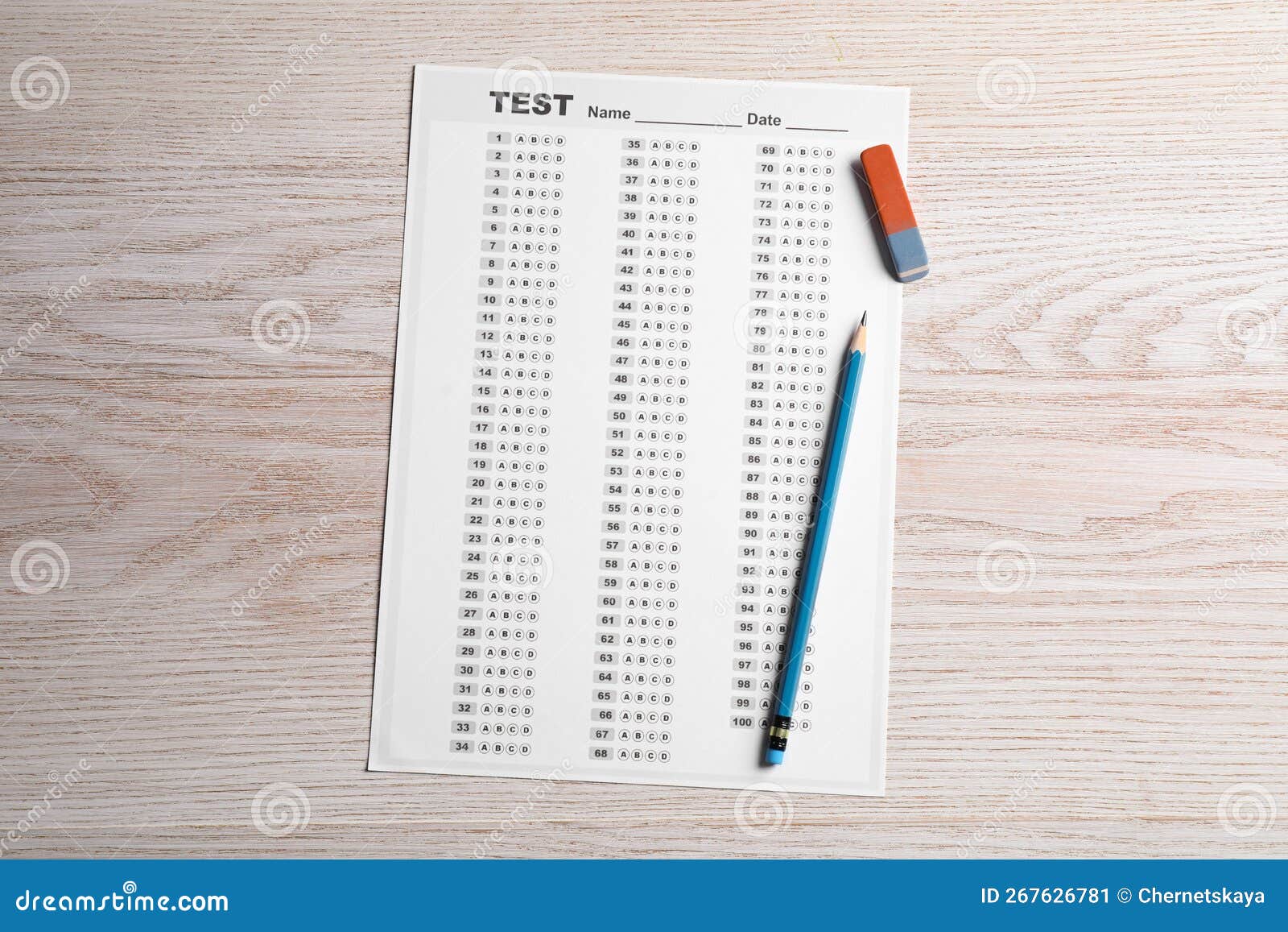 Answer Sheet, Pencil and Eraser on Wooden Table, Top View. Student Passing Exam Stock Image ...